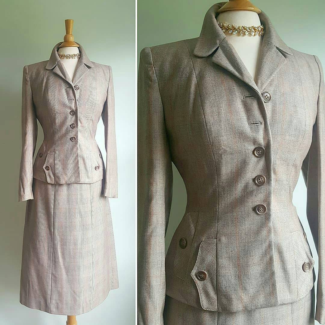 Vintage 1940s Wool Joselli Skirt Suit, Khaki Tan, Gray, Light Brown ...