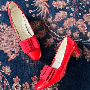 Vintage 1960s 1970s Red Patent Leather Shiny High Heels, Shoes, Bows ...