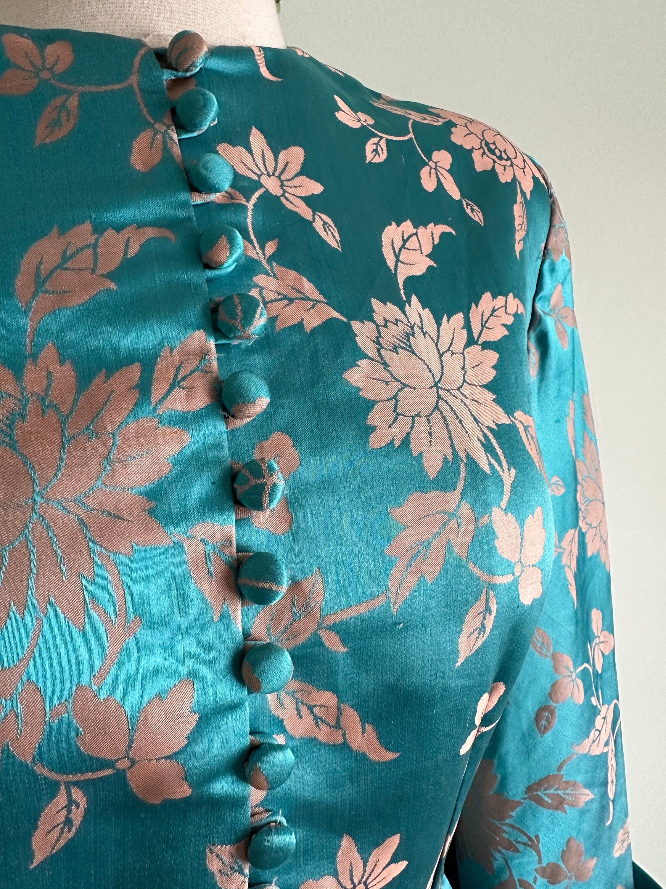 Vintage 1940s, 1950s Silk Cerulean Turquoise Blue Floral Asian Dress ...