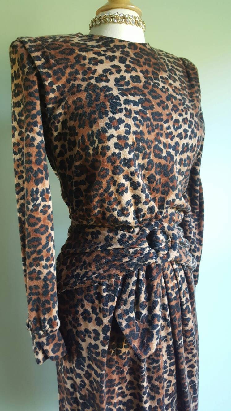 Vintage 1980s Does 1940s Leopard Print Dress, Long Sleeves, Knee Length ...