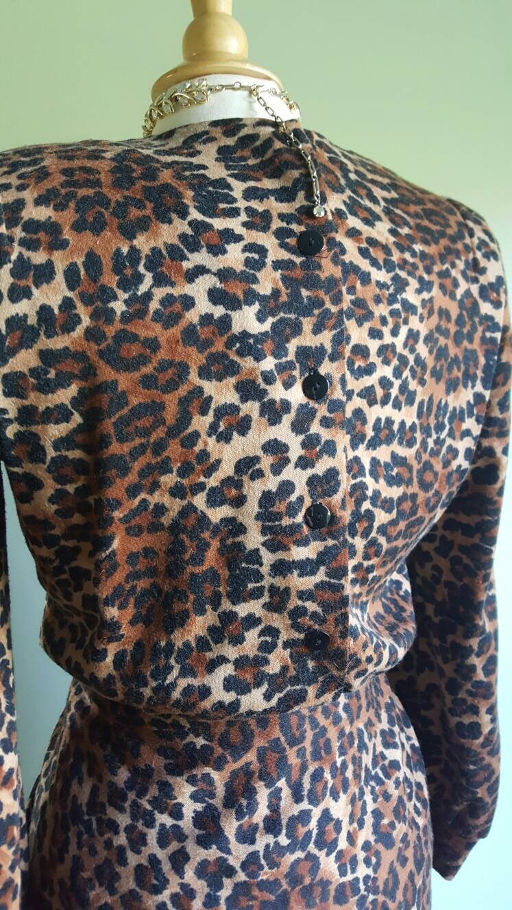 Vintage 1980s Does 1940s Leopard Print Dress, Long Sleeves, Knee Length ...