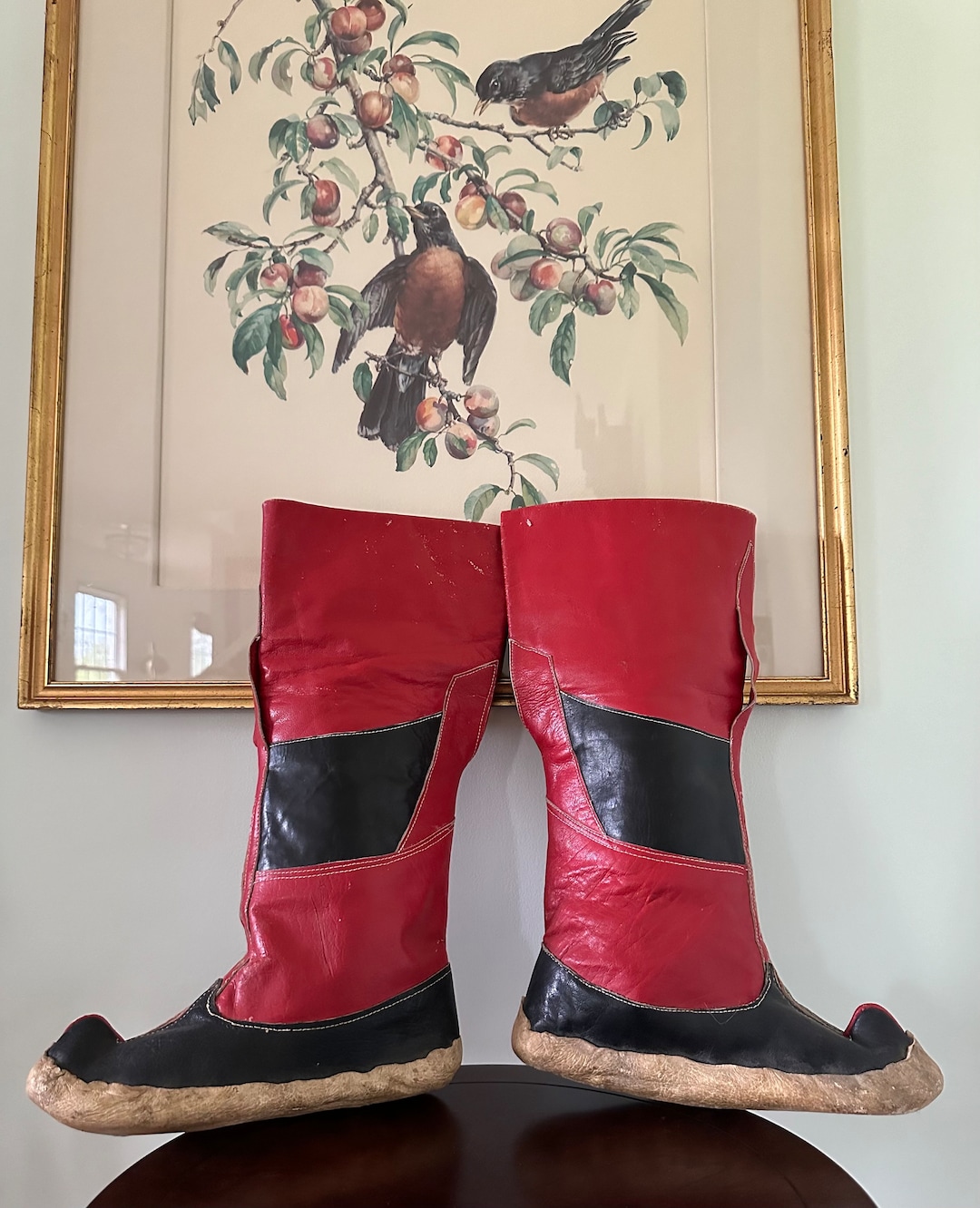 Vintage Asian Tibet Mongolian Red and Black Leather Boots, Traditional ...