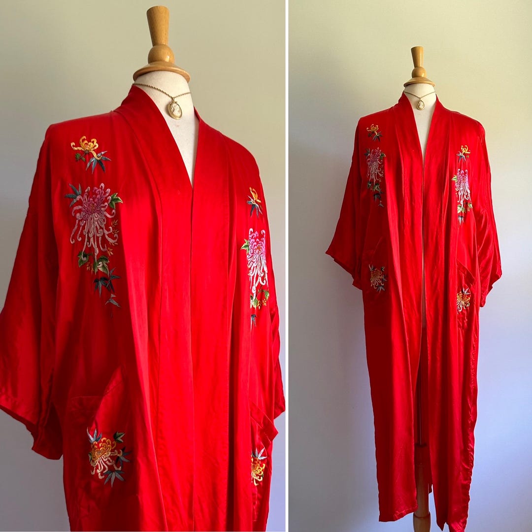 Cherry Red Satin Kimono Long Robe With Floral Embroidery, Pink Green ...