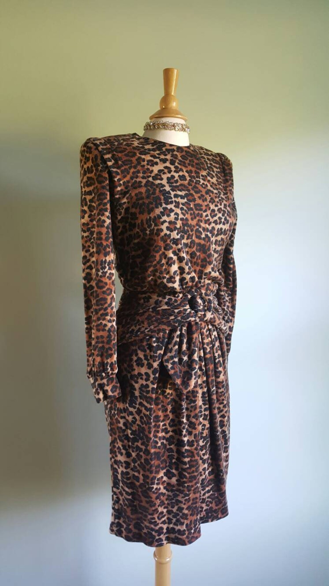 Vintage 1980s Does 1940s Leopard Print Dress, Long Sleeves, Knee Length ...