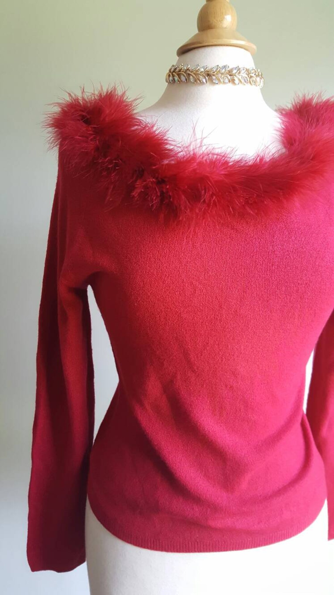 Vintage 1990s Gantos marabou trim red sweater new with tags | Etsy