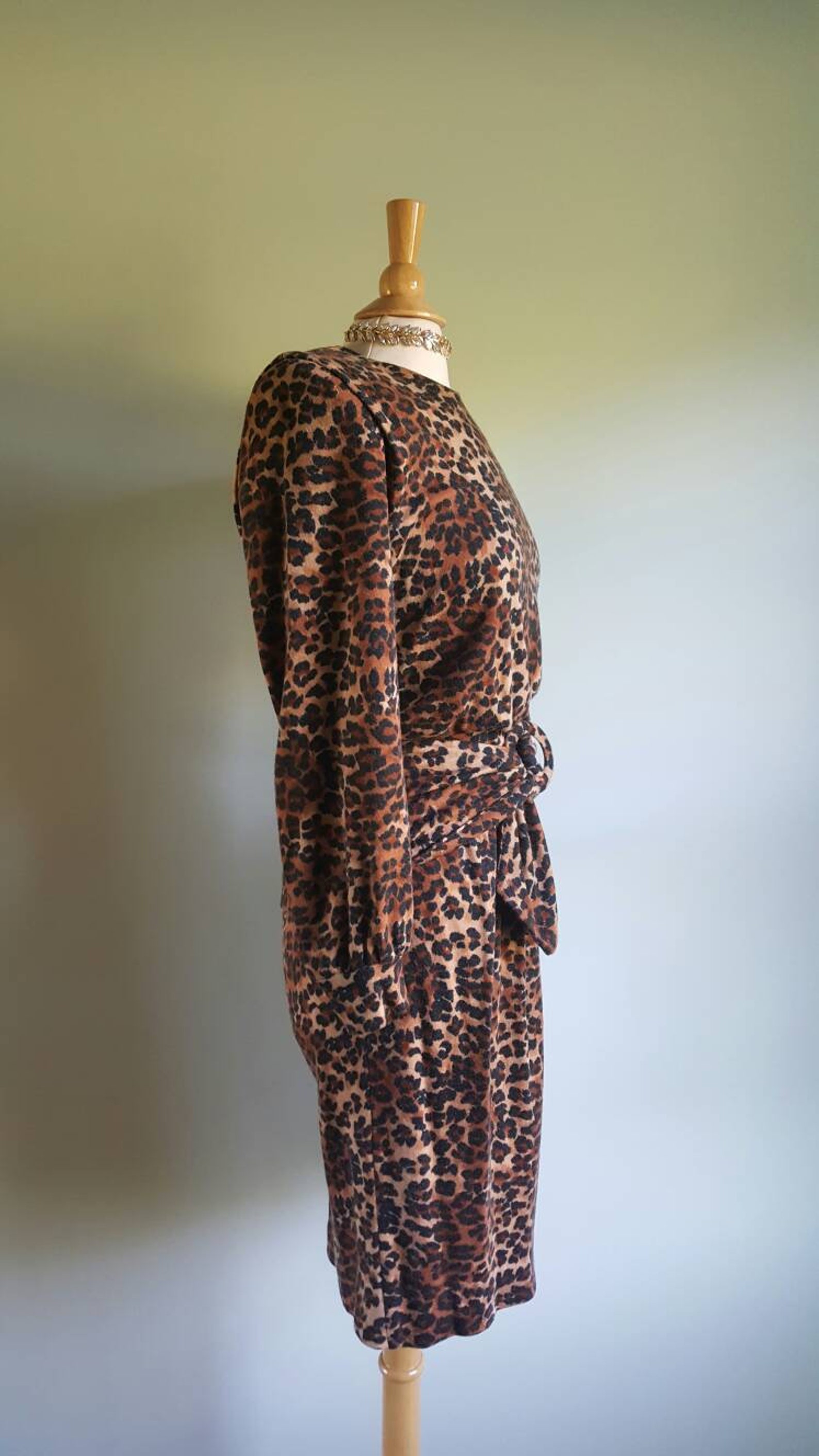 Vintage 1980s Does 1940s Leopard Print Dress, Long Sleeves, Knee Length ...
