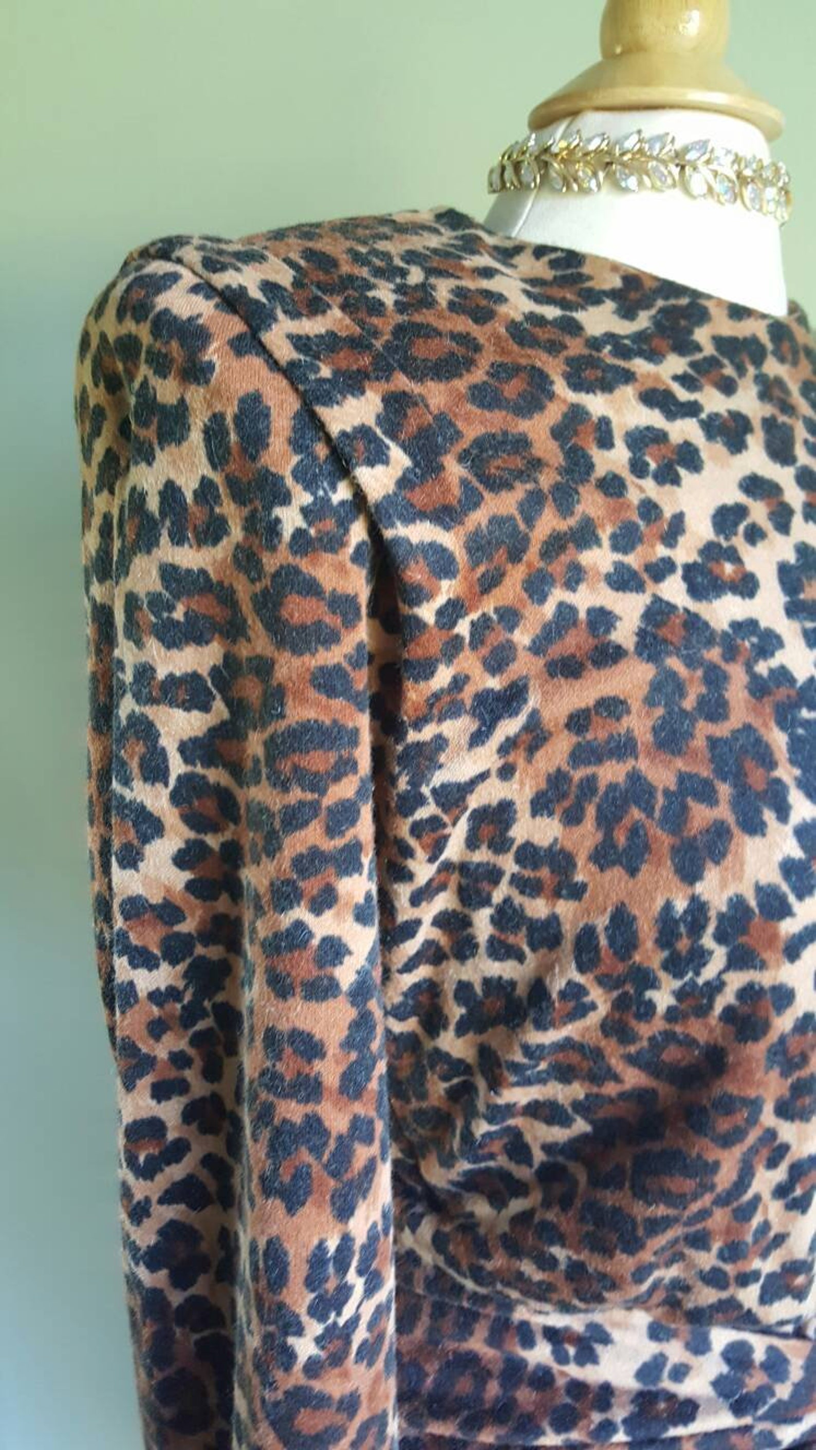 Vintage 1980s Does 1940s Leopard Print Dress, Long Sleeves, Knee Length ...