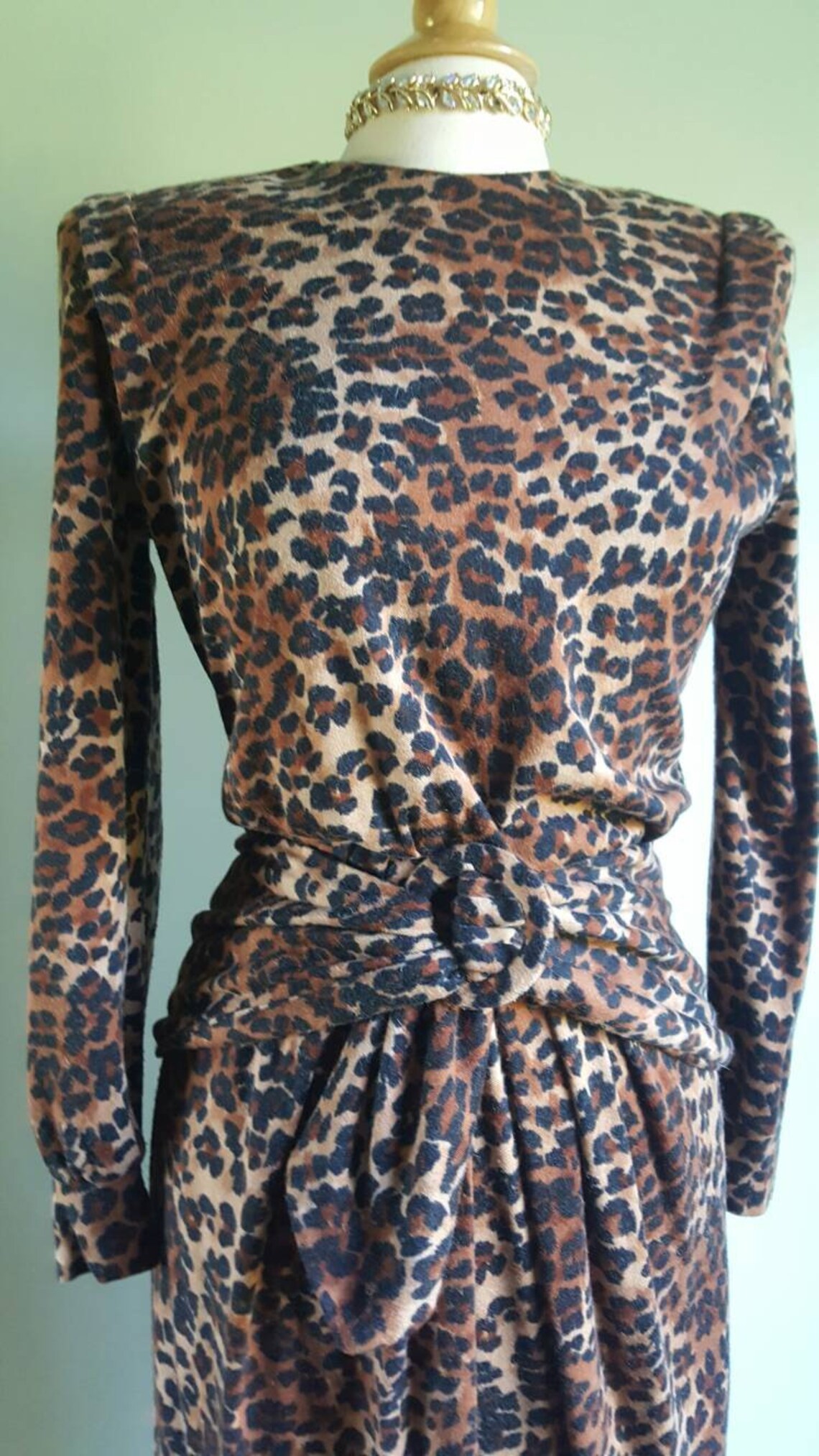 Vintage 1980s Does 1940s Leopard Print Dress, Long Sleeves, Knee Length ...