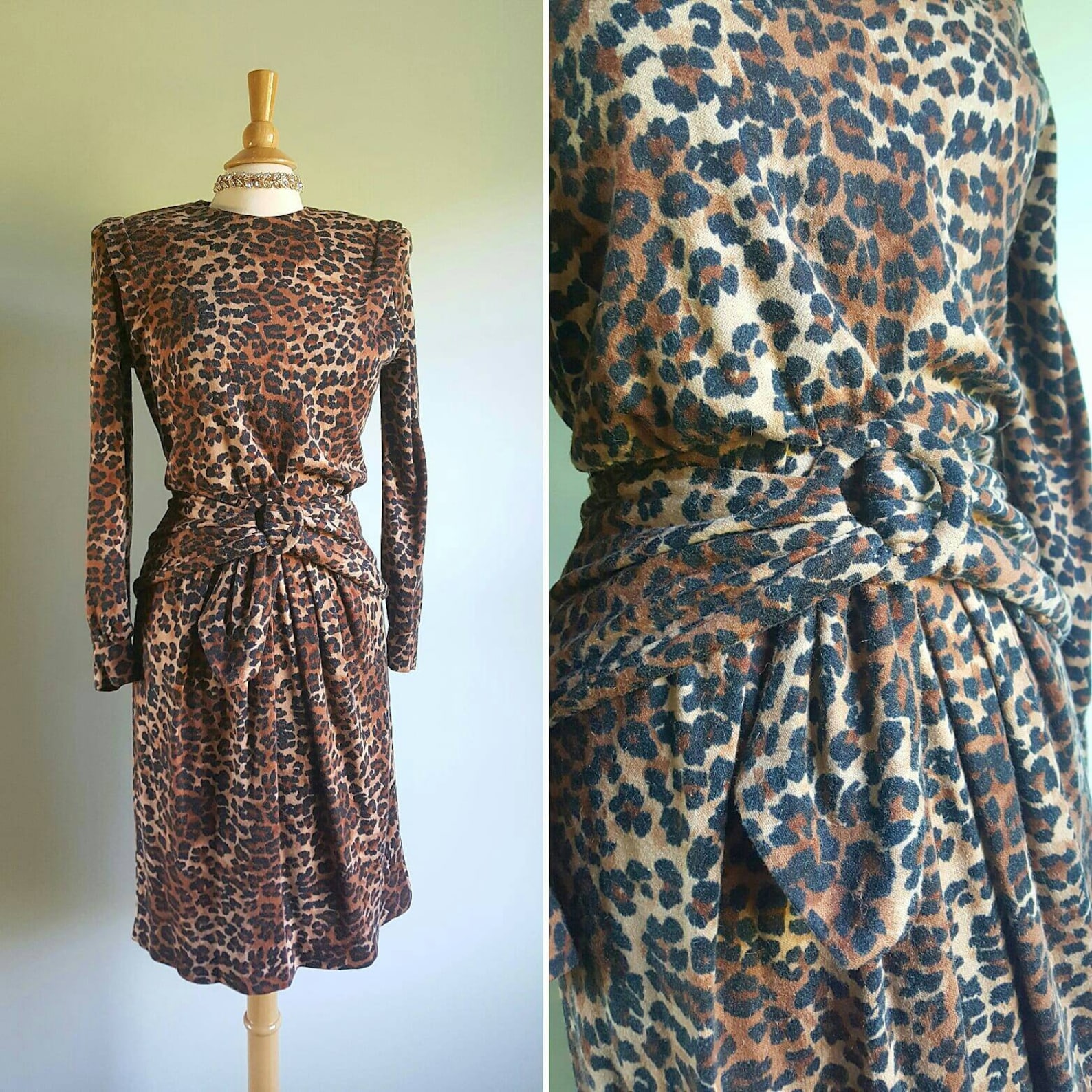 Vintage 1980s Does 1940s Leopard Print Dress, Long Sleeves, Knee Length ...
