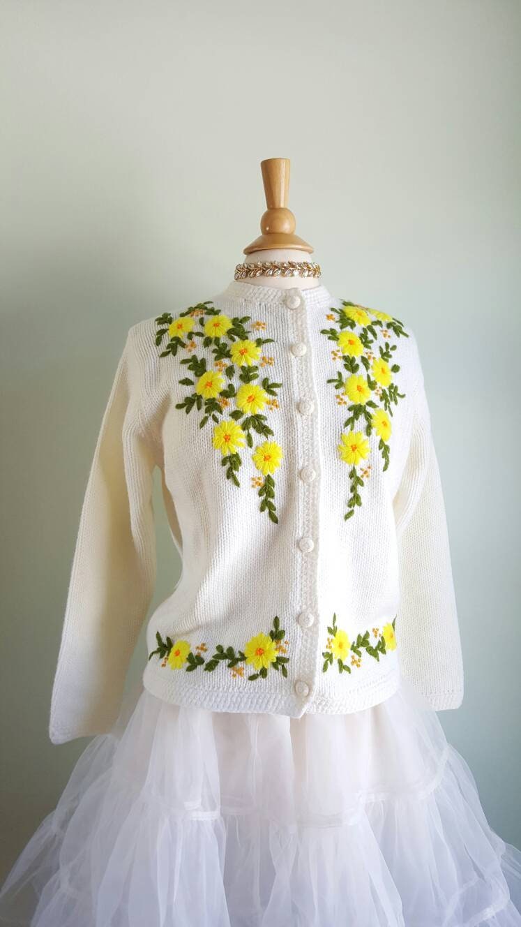 Vintage 1960s Floral Embroidered Cream Cardigan Sweater, Yellow, Orange ...