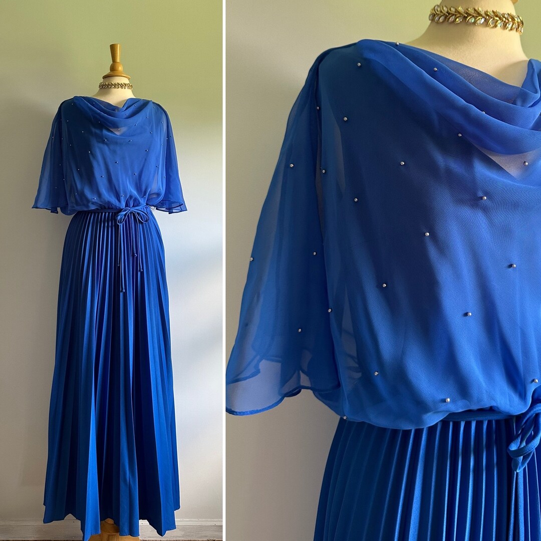 Vintage 1970s Does 1930s Cerulean Bright Blue Long Dress, Sheer Chiffon ...
