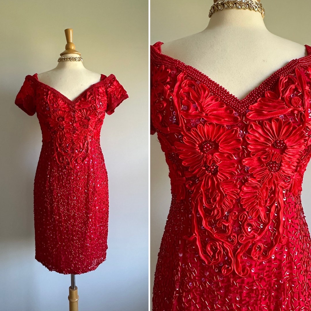 Vintage Cherry Red Silk Formal Cocktail Dress, Soutache Floral and ...