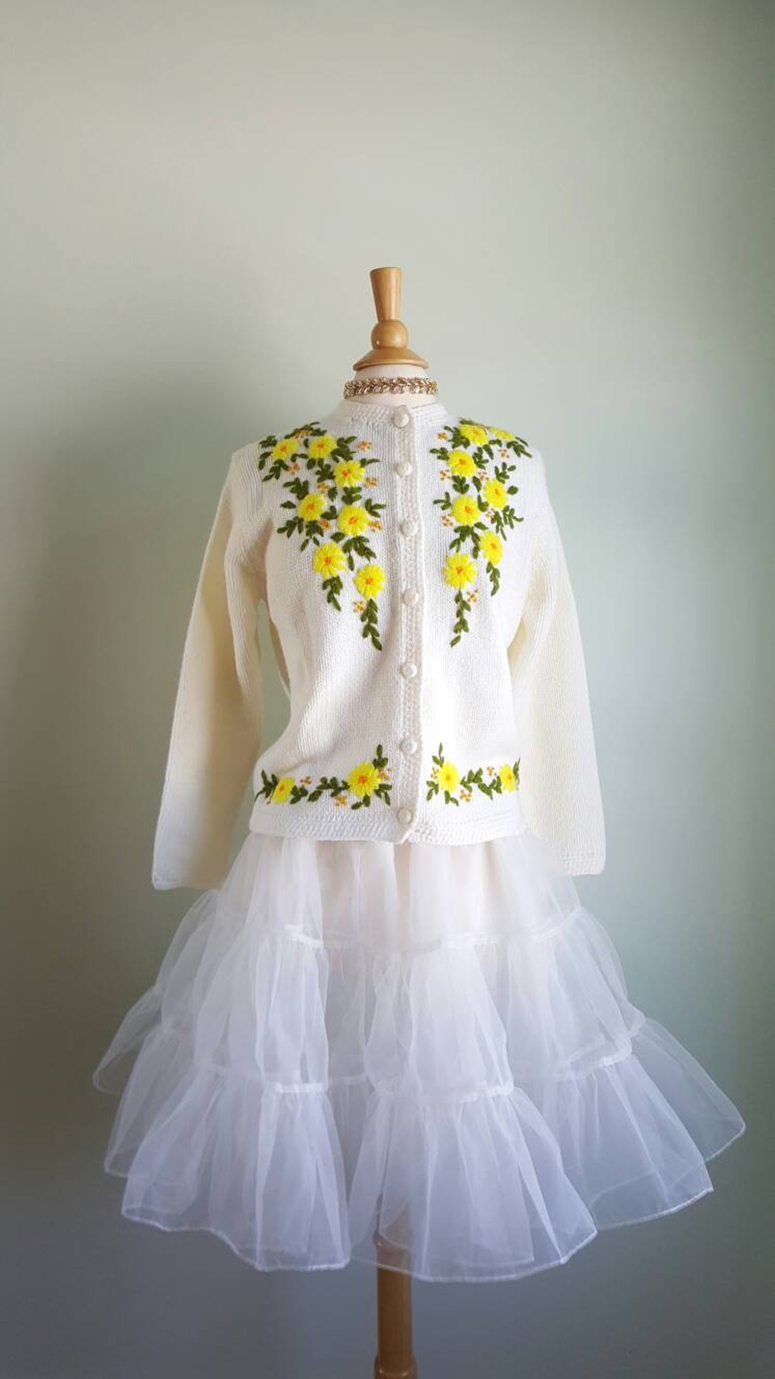 Vintage 1960s Floral Embroidered Cream Cardigan Sweater, Yellow, Orange ...
