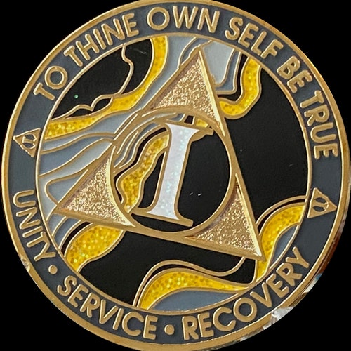 1 Year AA Medallion Elegant Blue Glitter Gold Plated Sobriety - Etsy