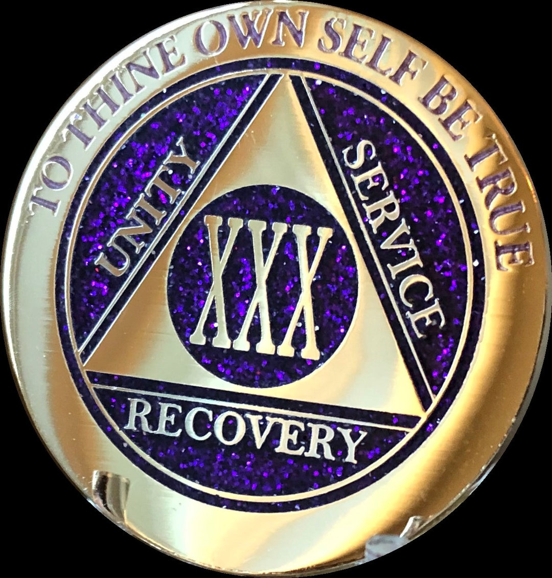 30 Year AA Medallion Elegant Purple Glitter Gold Plated Sobriety Chip ...