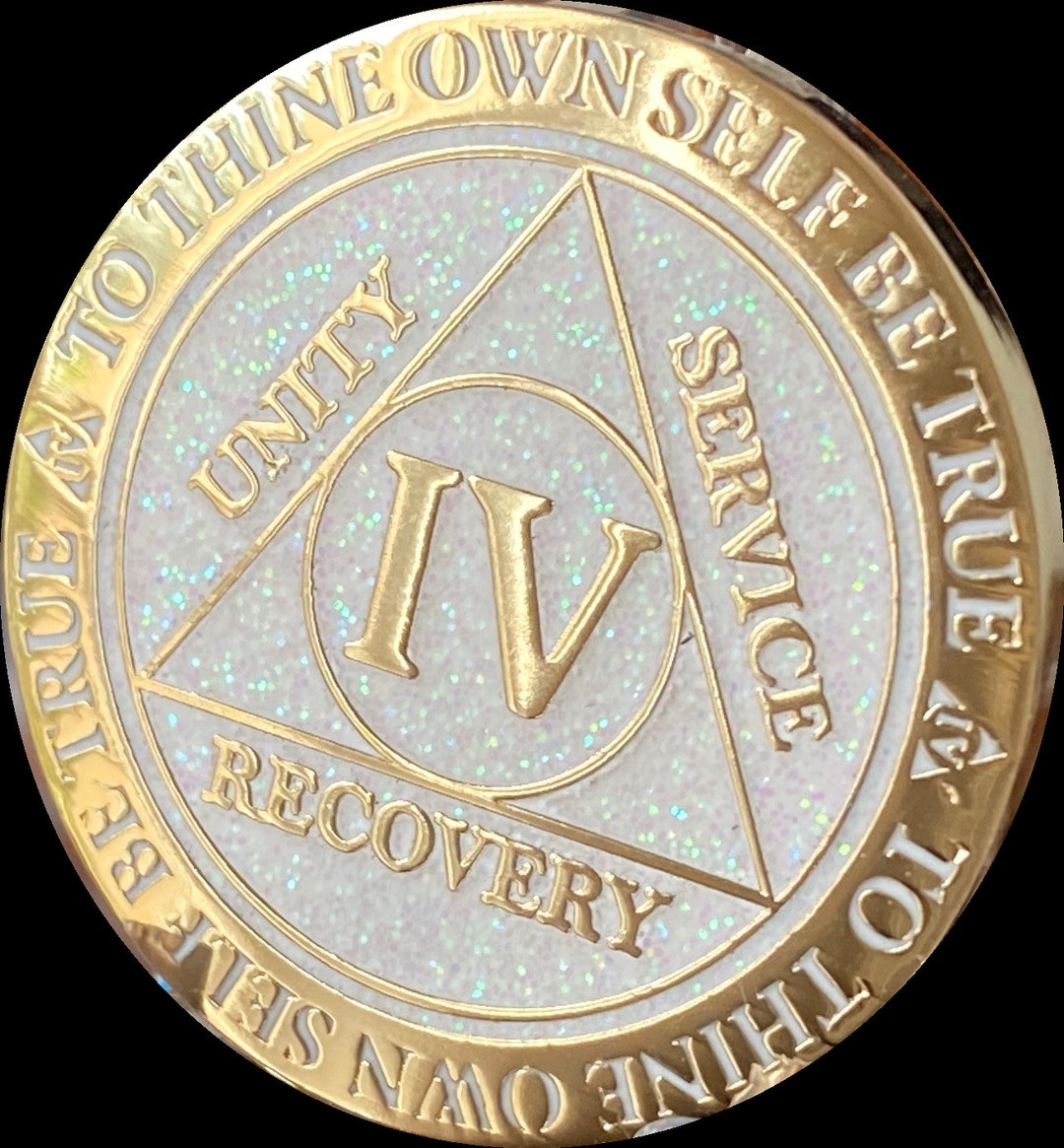 4 Year AA Medallion Reflex White Glitter Color Gold Plated Sobriety ...