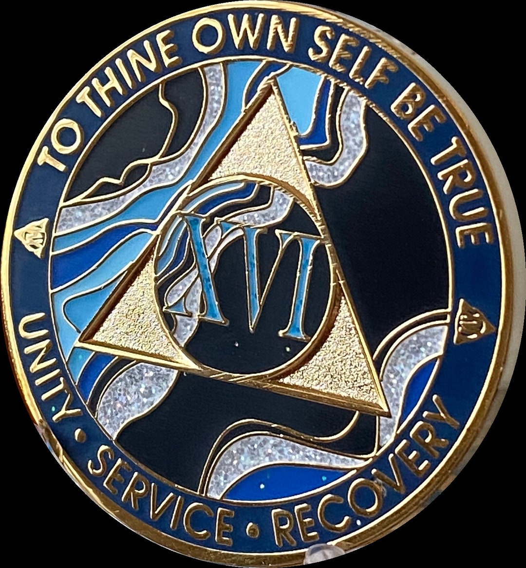 16 Year AA Medallion Elegant Marble Blue Wave Sobriety Medallion - Etsy