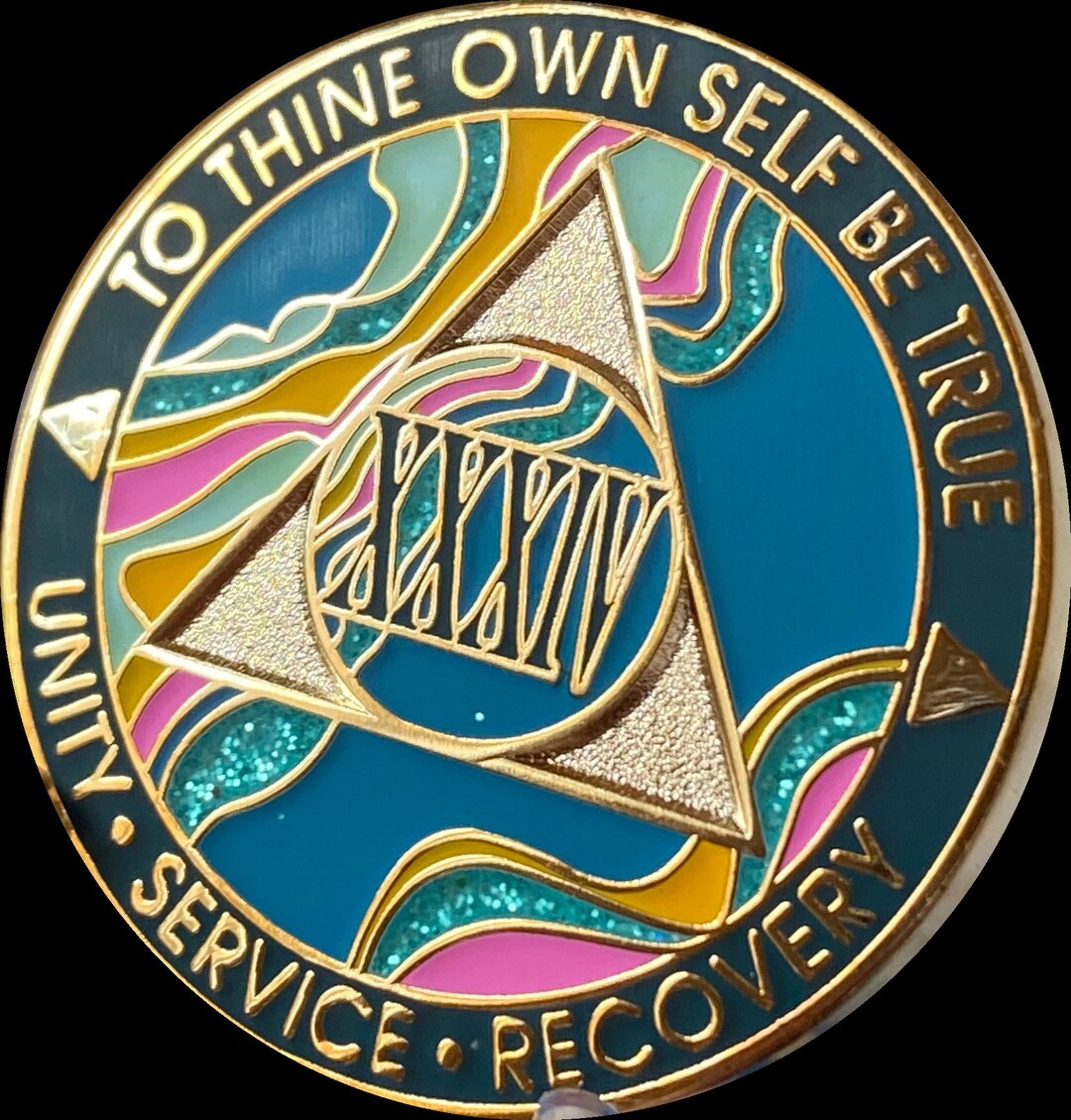34 Year AA Medallion Elegant Marble Tahiti Teal Blue and Pink Sobriety ...