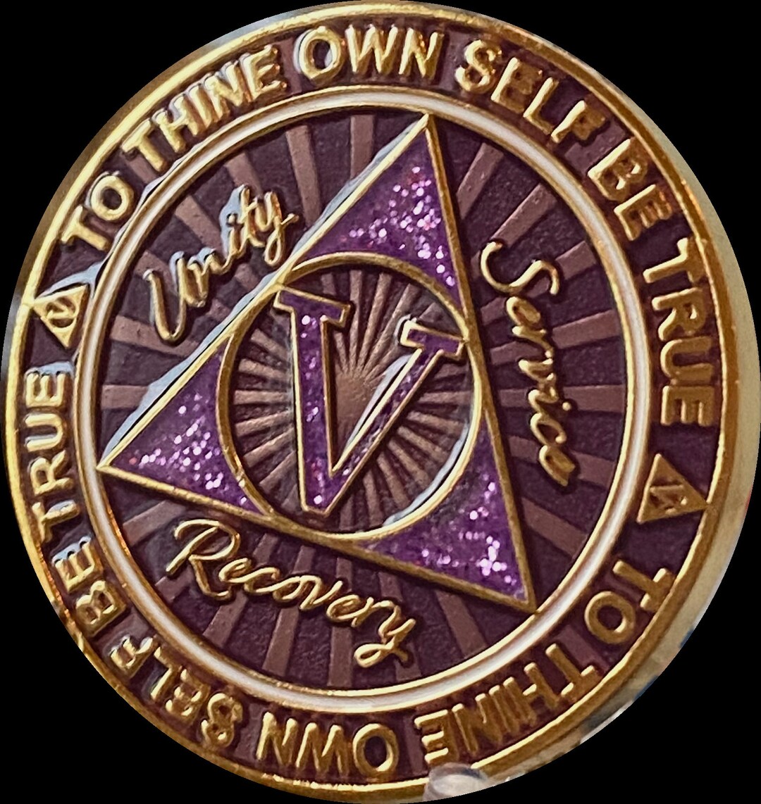 5 Year AA Medallion Cosmic Purple Glitter Alcoholics Anonymous Sobriety ...