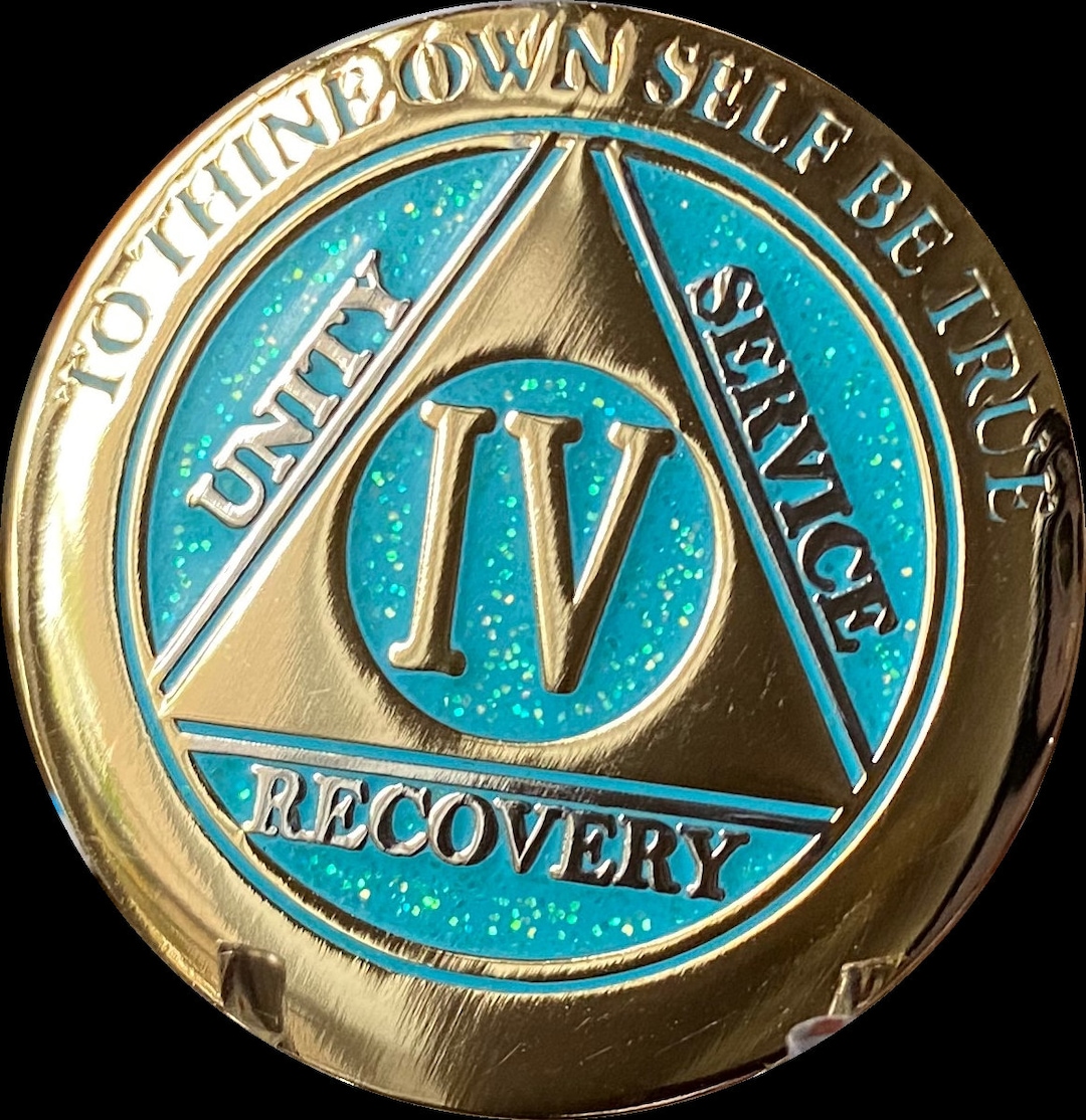 4 Year AA Medallion Elegant Seafoam Aqua Glitter Gold Sobriety Chip - Etsy