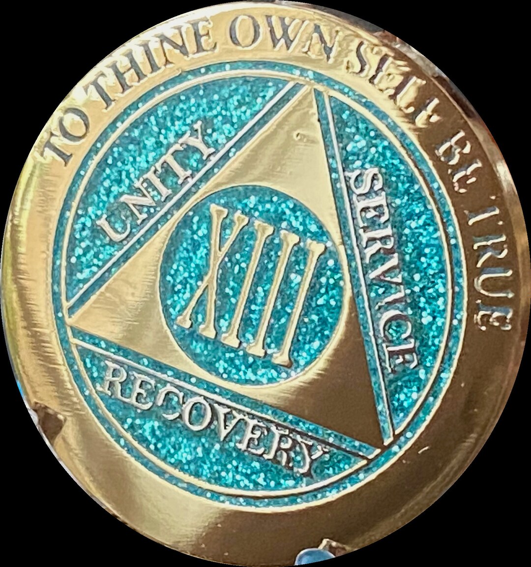 13 Year AA Medallion Elegant Aqua Glitter Gold Plated Sobriety Chip - Etsy