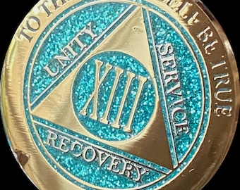 1 Year AA Medallion Elegant Blue Glitter Gold Plated Sobriety | Etsy
