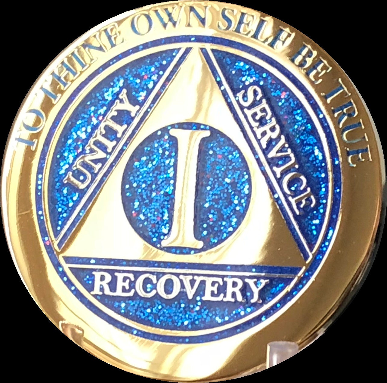 1 Year AA Medallion Elegant Blue Glitter Gold Plated Sobriety Chip - Etsy