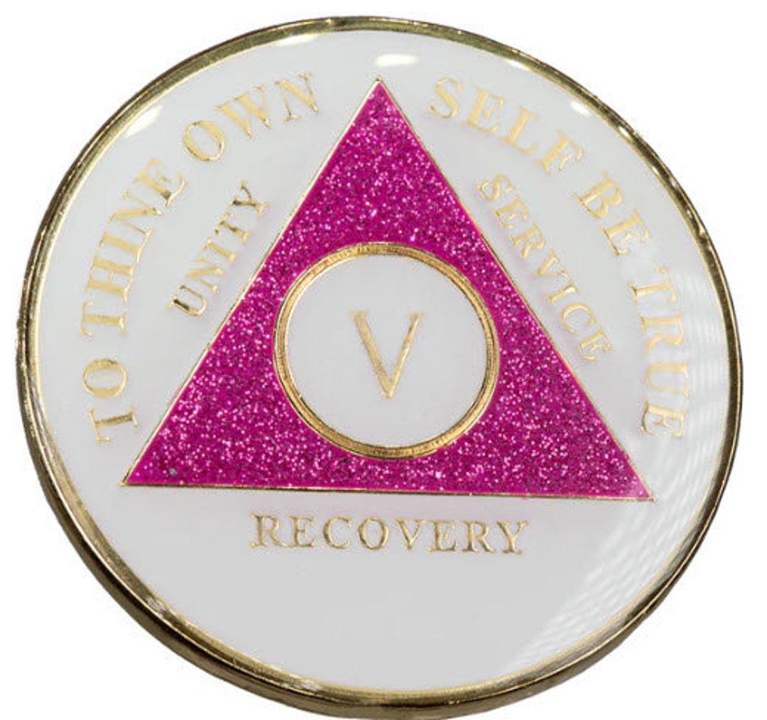 1 - 50 Year AA Medallion White Glow in the Dark Pink Glitter Sobriety ...
