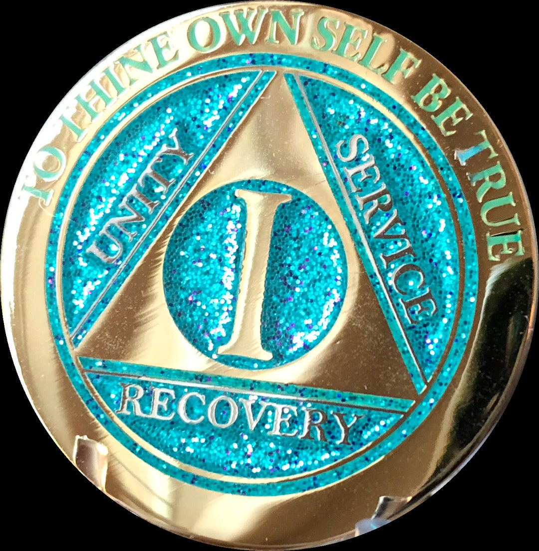 1 Year AA Medallion Elegant Aqua Glitter Gold Plated Sobriety Chip - Etsy
