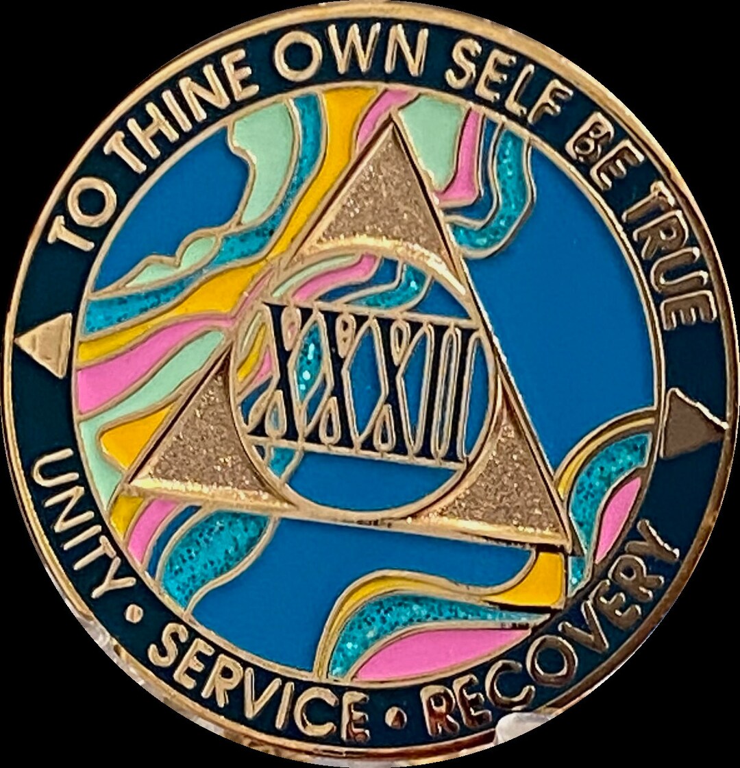 32 Year AA Medallion Elegant Marble Tahiti Teal Blue and Pink Sobriety ...