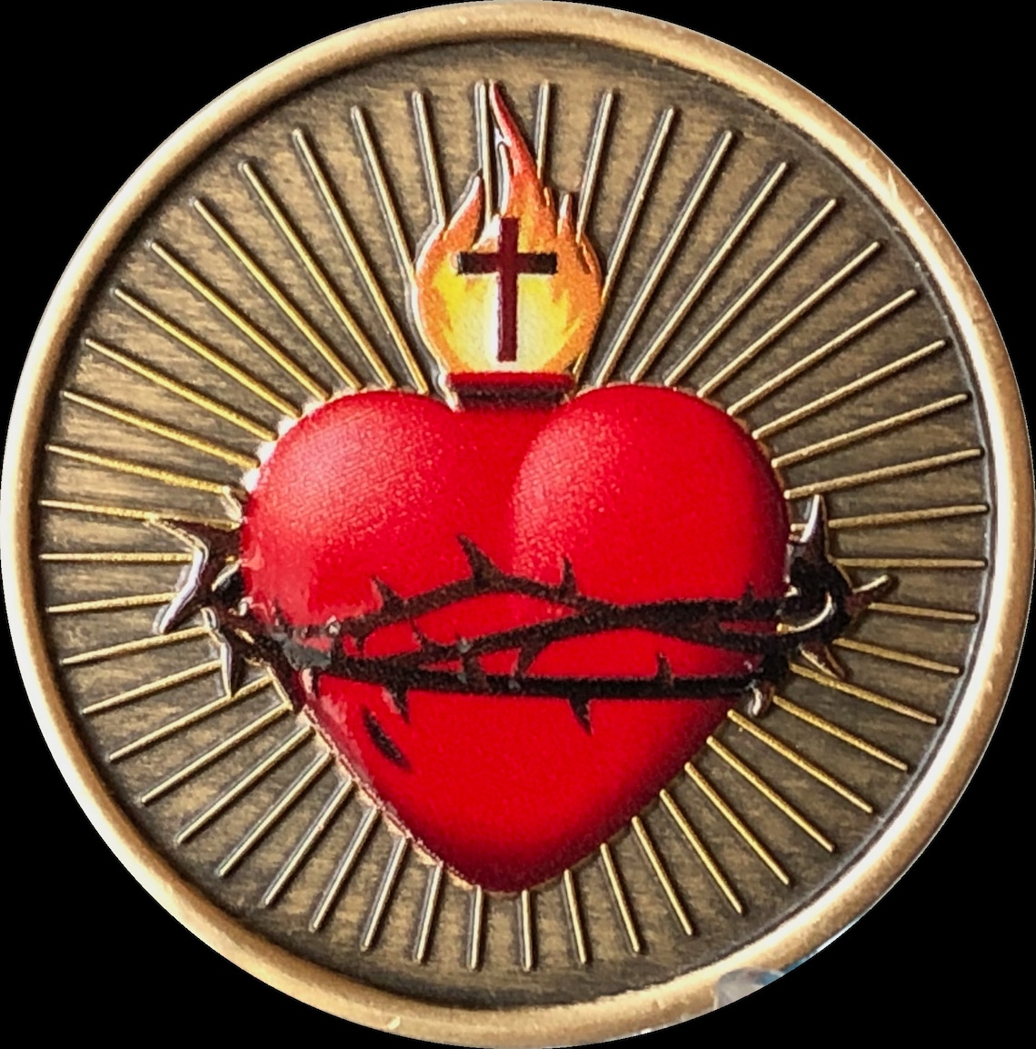 Red Sacred Hart With Flame and Cross Medallion Serenity Prayer | Etsy