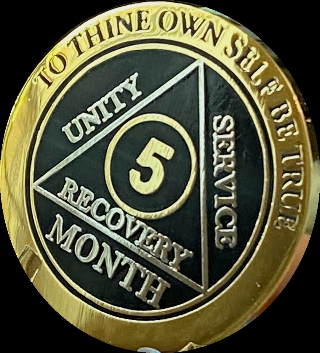 5 Month AA Medallion Elegant Black Gold and Silver Plated Sobriety Chip ...