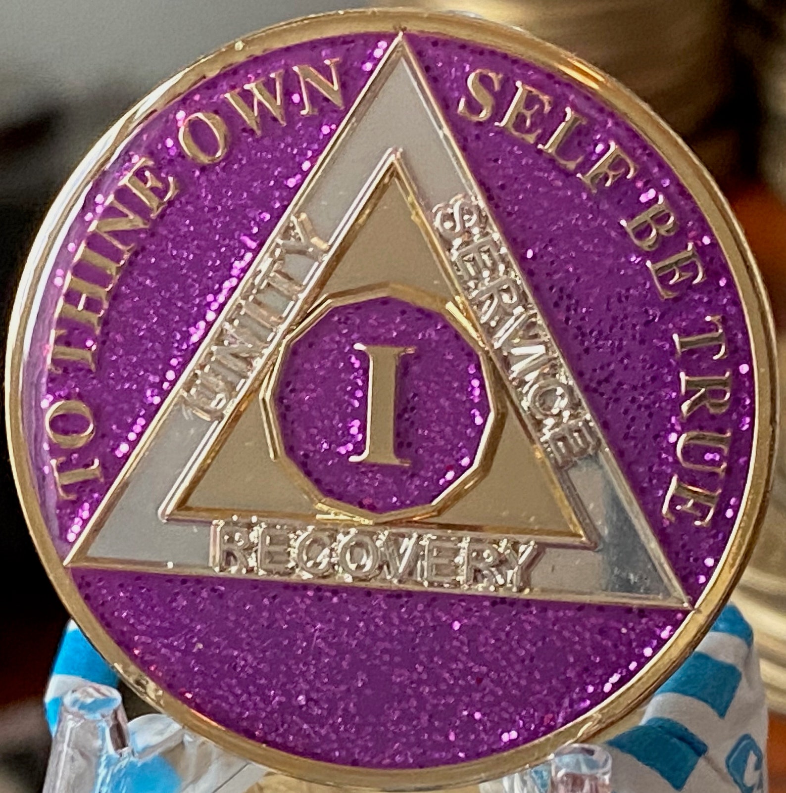 1 Year AA Medallion Violet Purple Glitter Tri-plate Sobriety Chip - Etsy