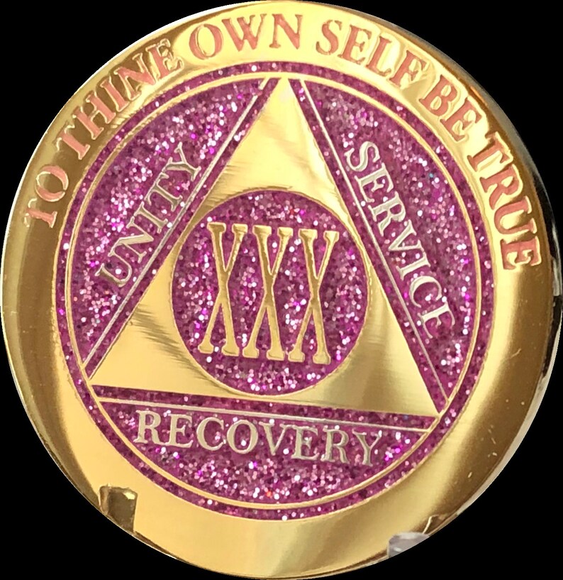 30 Year AA Medallion Elegant Pink Glitter Gold Plated Sobriety - Etsy
