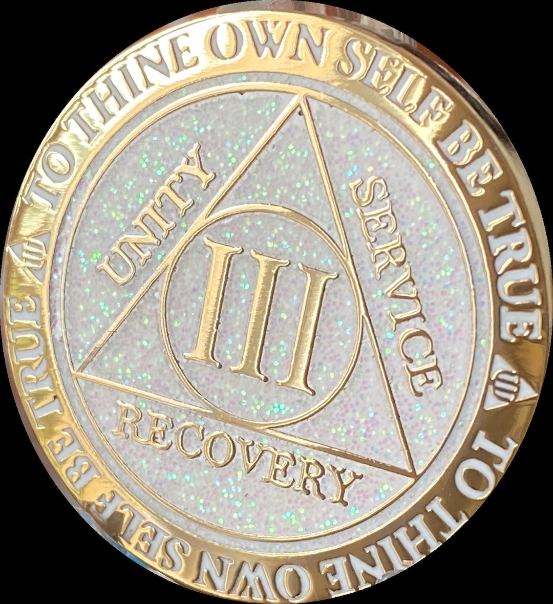 3 Year AA Medallion Reflex White Glitter Color Gold Plated Sobriety ...