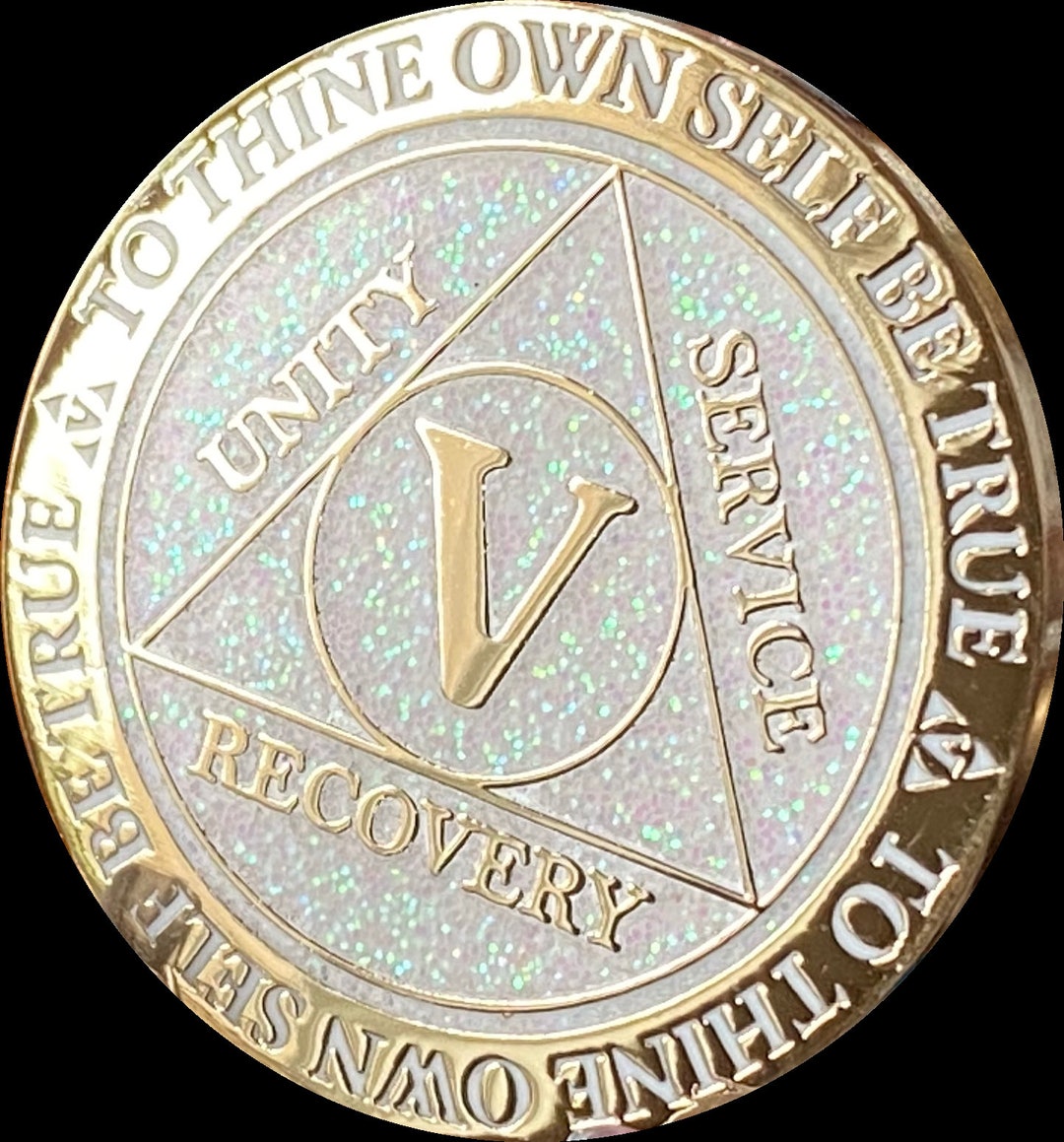 5 Year AA Medallion Reflex White Glitter Color Gold Plated Sobriety ...