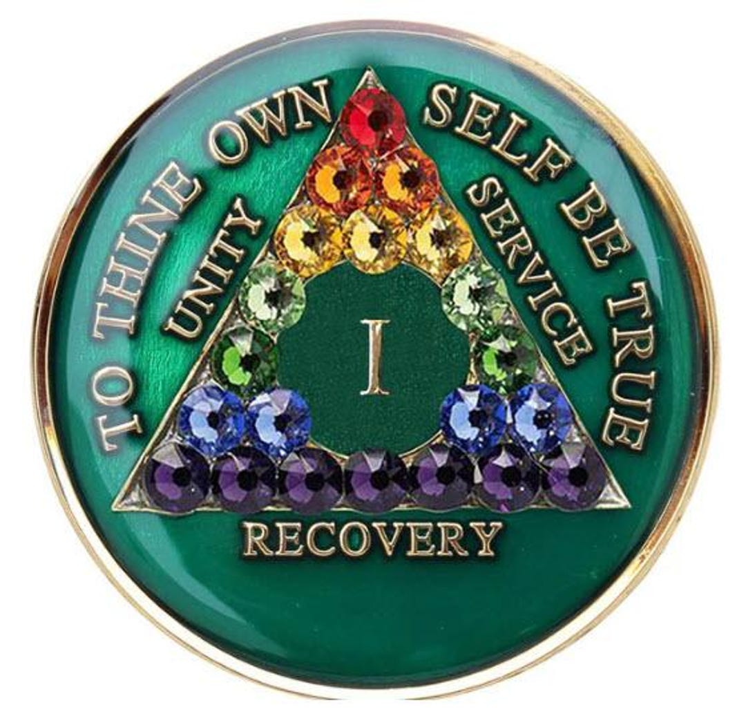 1 - 50 Year AA Medallion Green Rainbow Swarovski Crystal Sobriety Chip ...