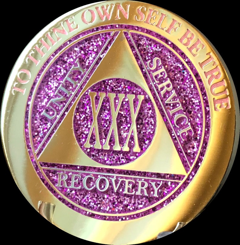 30 Year AA Medallion Elegant Pink Glitter Gold Plated Sobriety Chip XXX ...