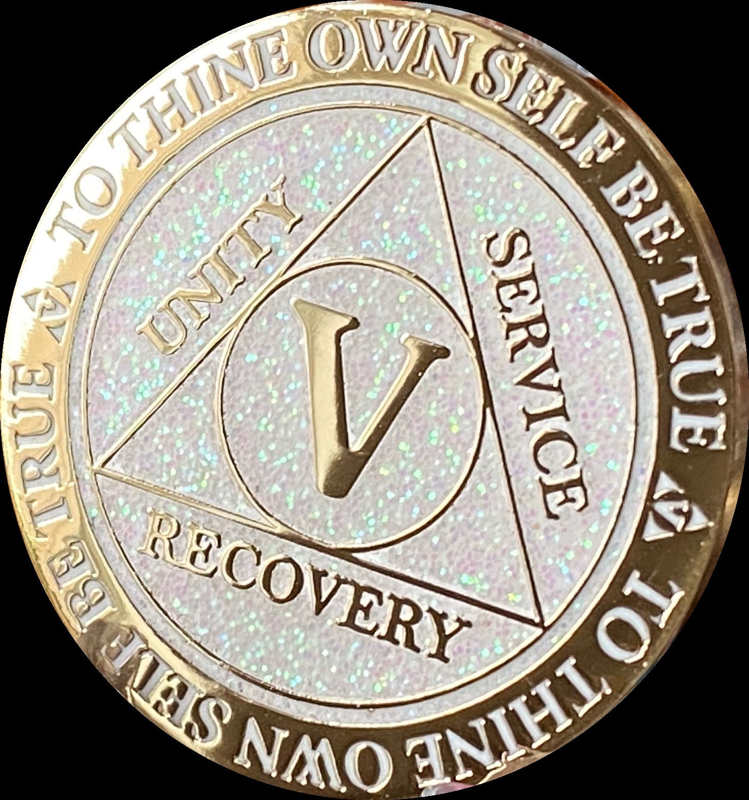 5 Year AA Medallion Reflex White Glitter Color Gold Plated Sobriety ...