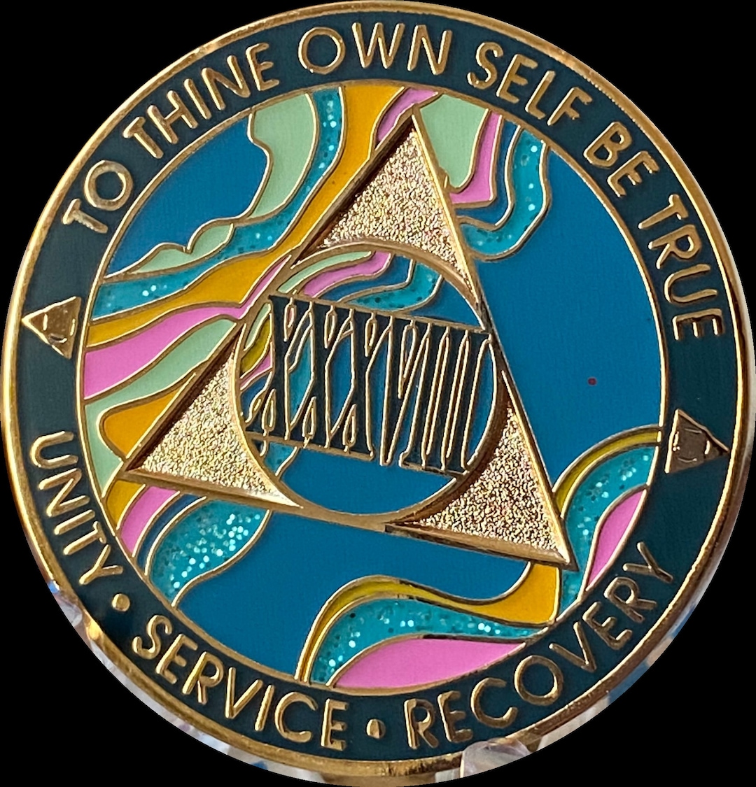 38 Year AA Medallion Elegant Marble Tahiti Teal Blue and Pink Sobriety ...