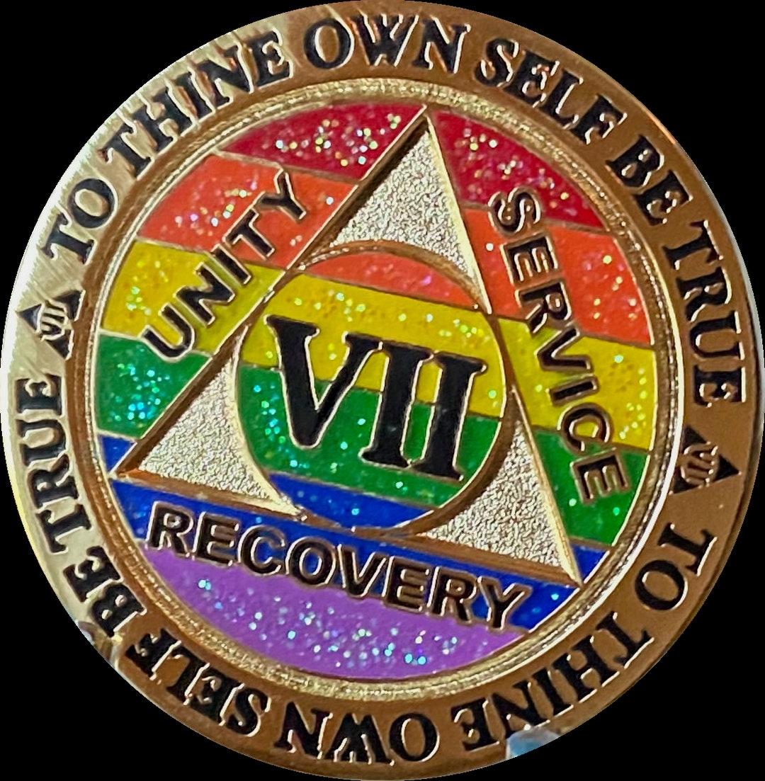 7 Year AA Medallion Reflex Rainbow Glitter Color Gold Plated Alcoholics ...
