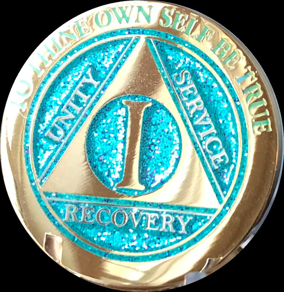 1 Year AA Medallion Elegant Aqua Glitter Gold Plated Sobriety Chip - Etsy