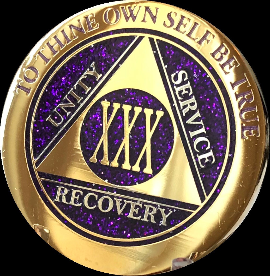 30 Year AA Medallion Elegant Purple Glitter Gold Plated Sobriety Chip ...