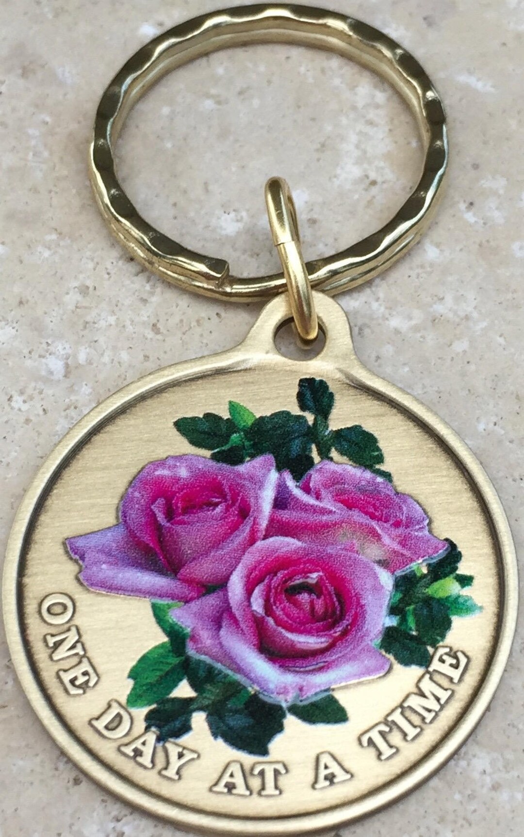 Pink Rose One Day at A Time Bronze Keychain With Serenity Prayer Full ...