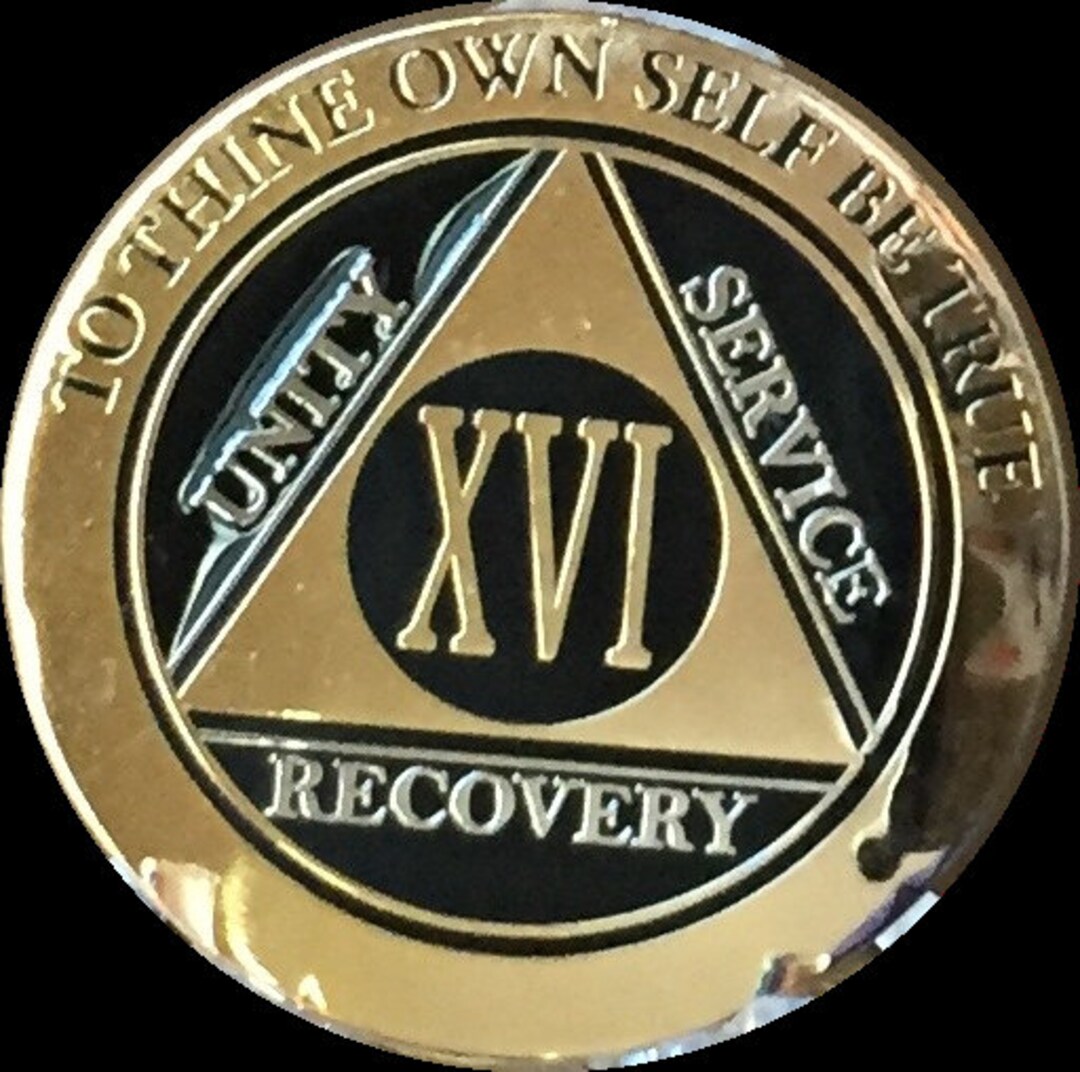16 Year AA Medallion Elegant Black and Gold and Silver Plated Sobriety ...