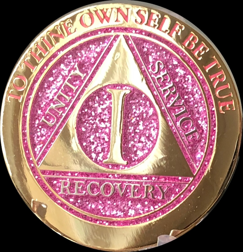 1 Year AA Medallion Elegant Pink Glitter Gold Plated Sobriety - Etsy