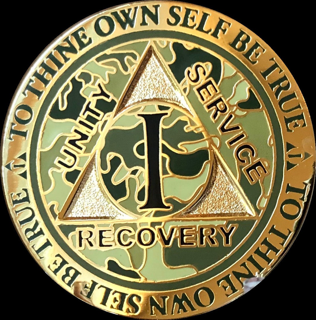 Camo Color AA Medallion 1 - 15 25 and 30 Year Gold Plated Sobriety Chip ...