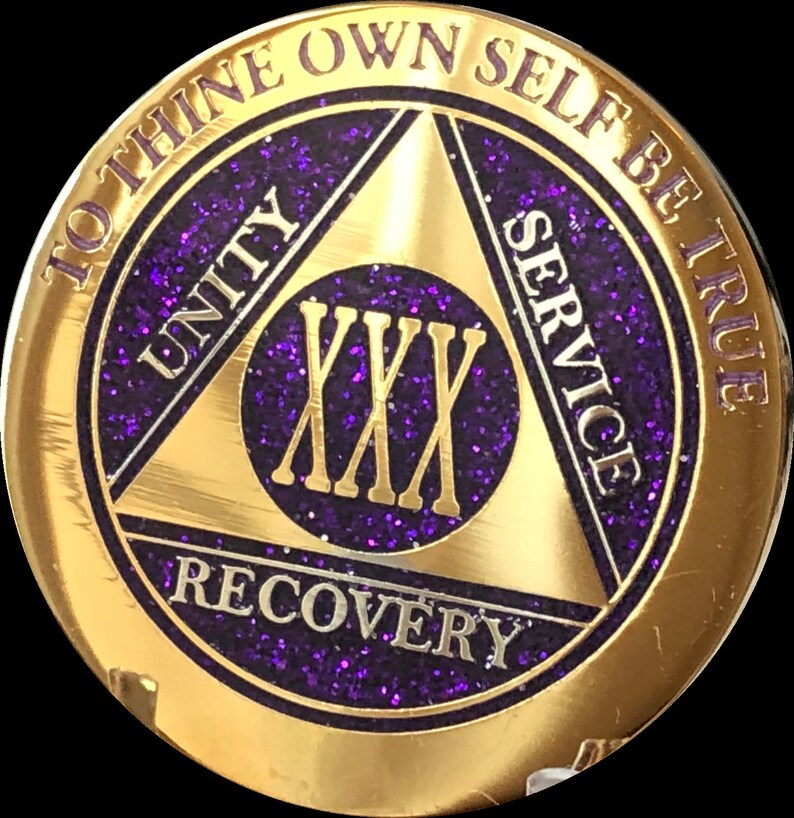 30 Year AA Medallion Elegant Purple Glitter Gold Plated Sobriety Chip ...
