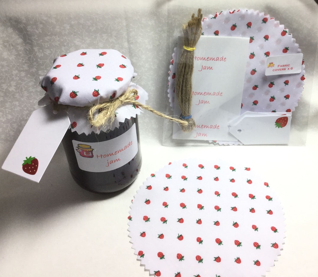 Jam Covers X 12 Fabric Lid Tops Strawberry Print Includes Bands/labels ...