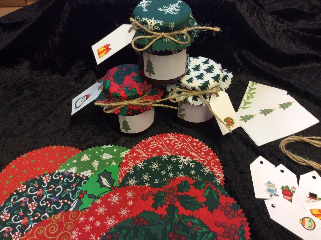 Material Jam Jar Toppers X 40 Xmas Mix Fabric Lid Top Covers Includes ...